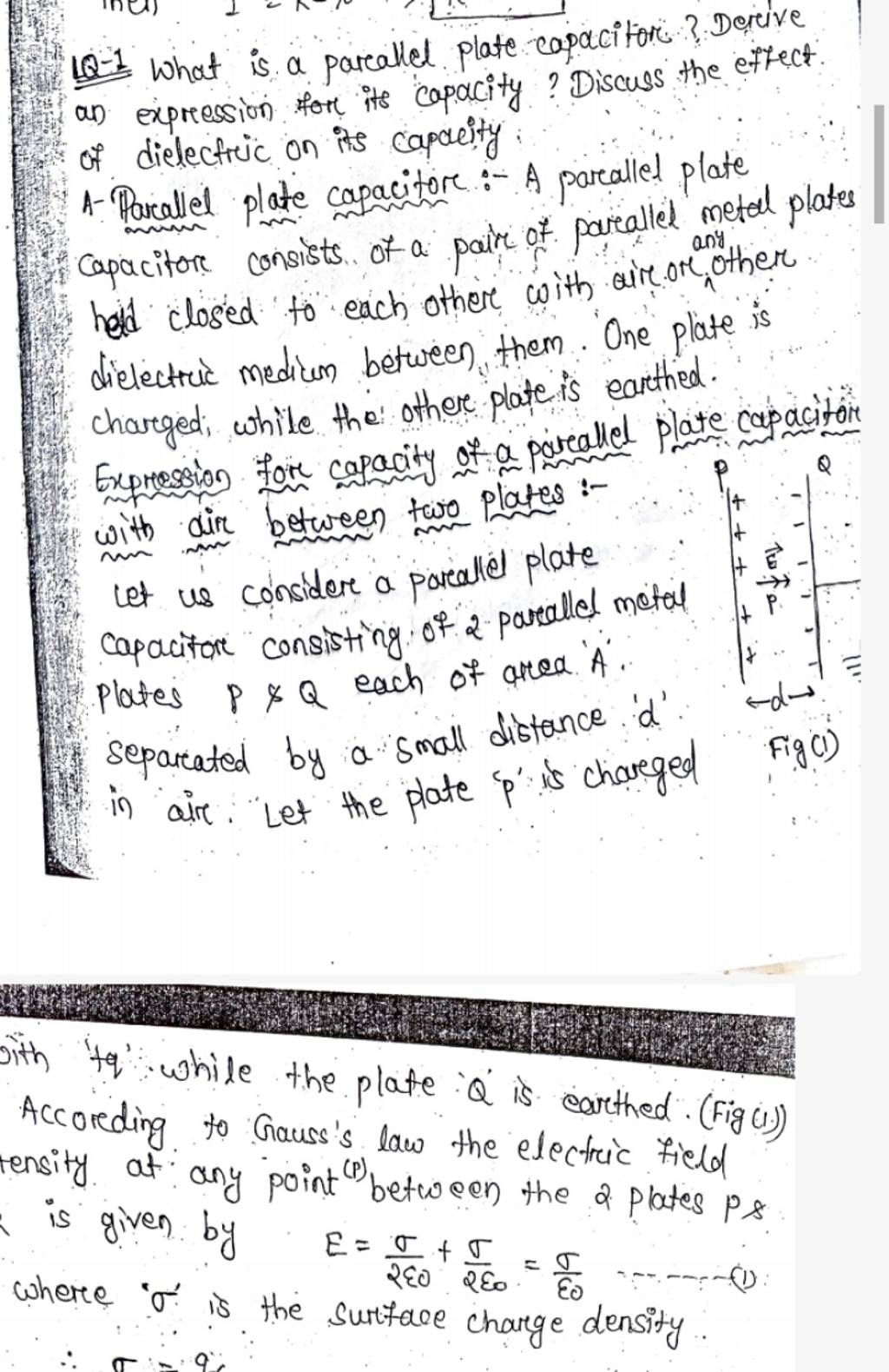 Q 1 What Is A Parallel Plate Capacitor Derive An Expression For Its Capac