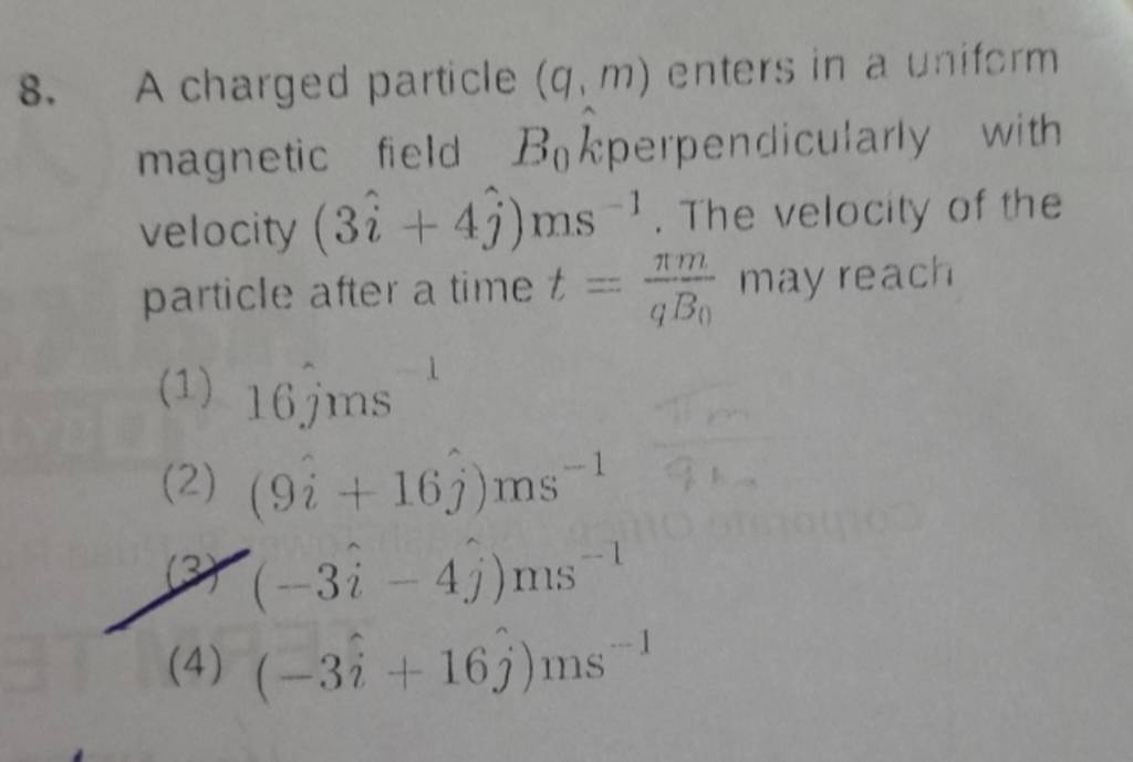 A charged particle (q,m) enters in a uniform magnetic field B0 k^ perpend..