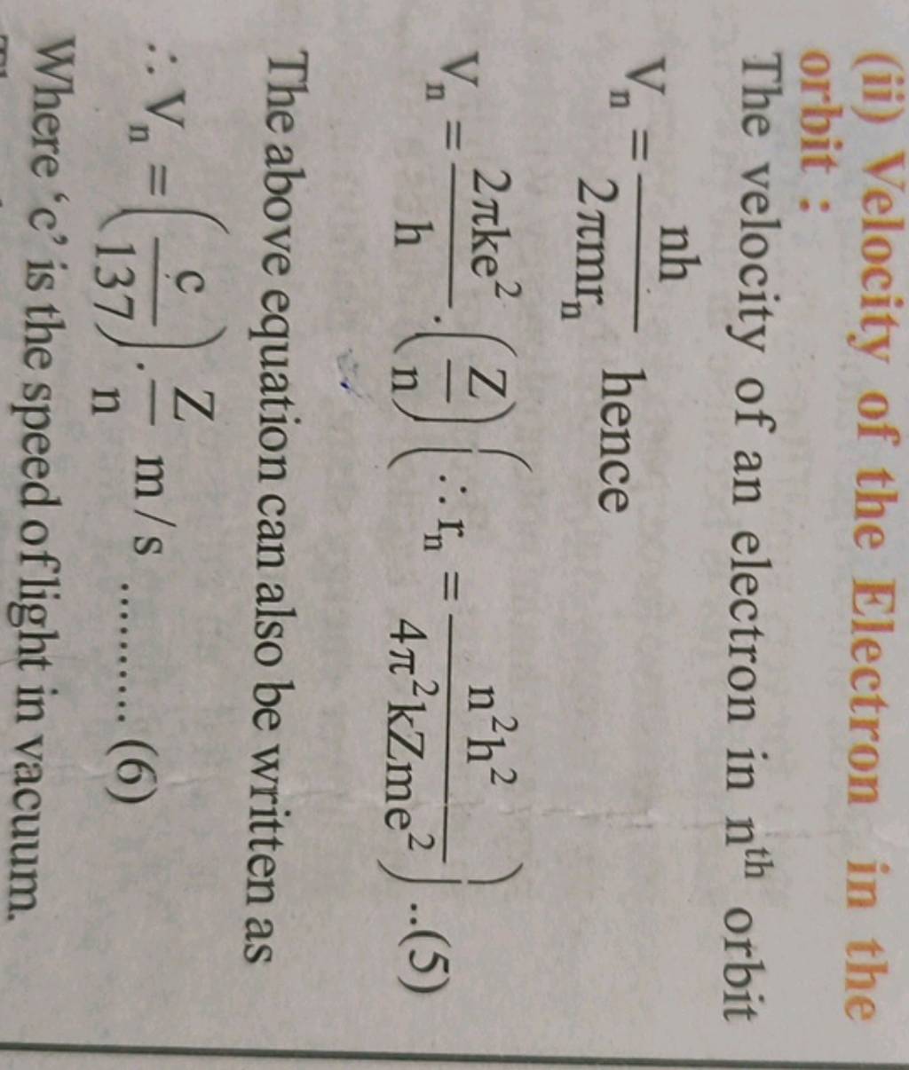 Ii Velocity Of The Electron In The Orbit The Velocity Of An Electron
