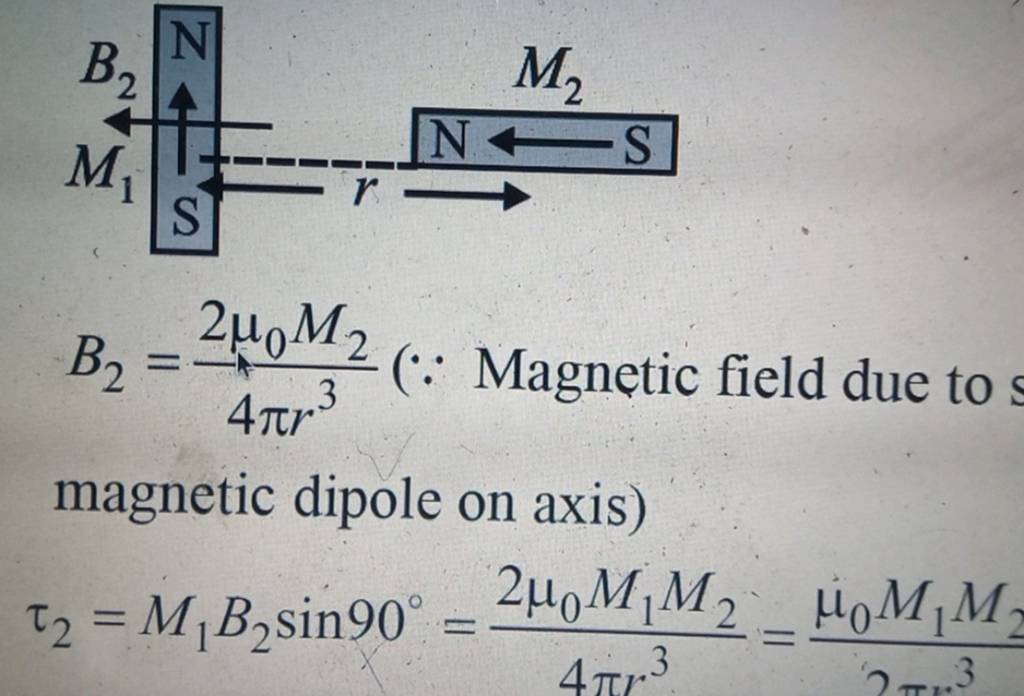 B2 =4πr32μ0 M2 (∵ Magnetic field due to magnetic dipole on axis) τ2 =M1