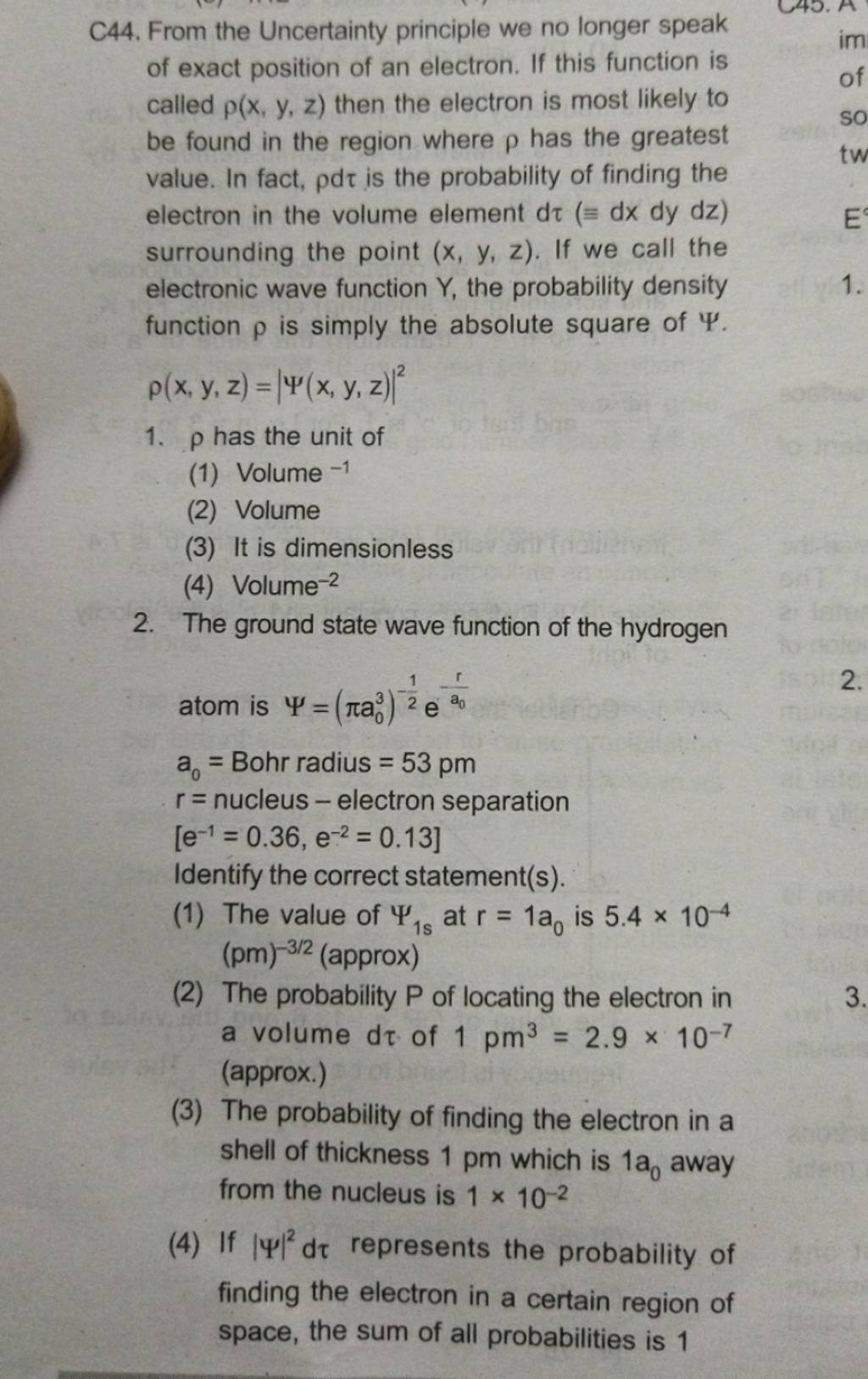 The Ground State Wave Function Of The Hydrogen Atom Is Ψ πa03 −21 E−a0