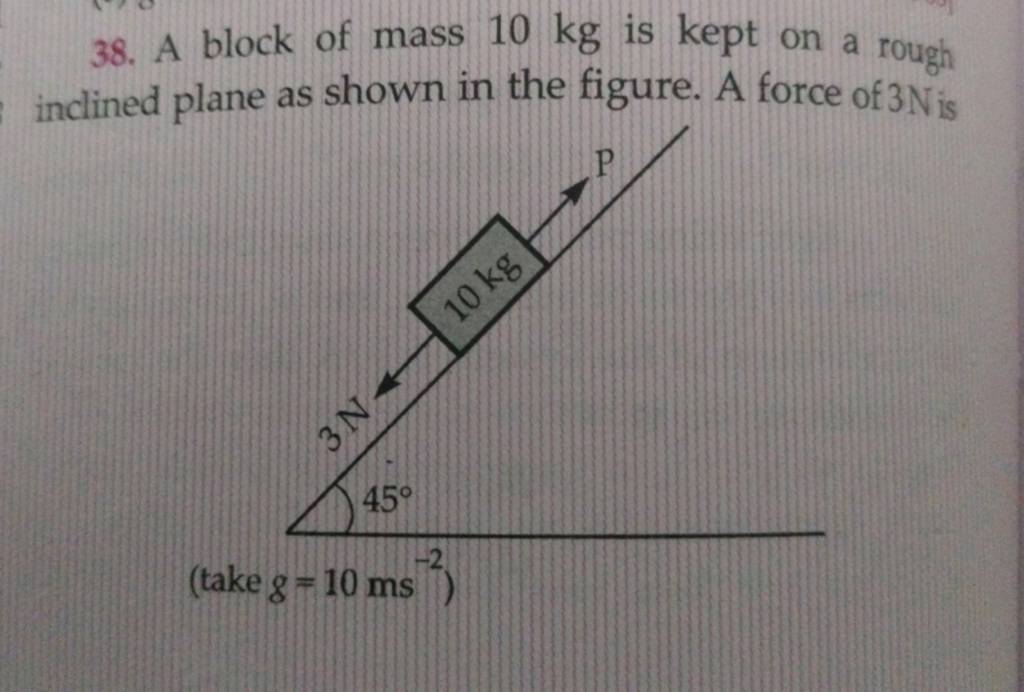 38. A block of mass 10 kg is kept on a rough inclined plane as shown in t..