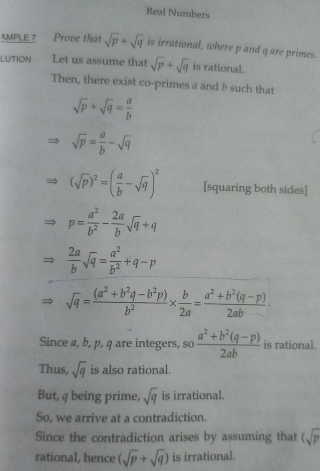 Real Numbers AMPLE 7 Prove that p +q is irrational, where p and q are pr..