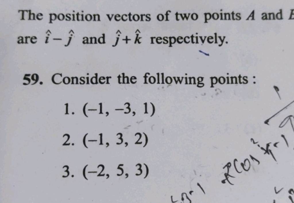 The position vectors of two points A and are i^−j^ and j^ +k^ respective..