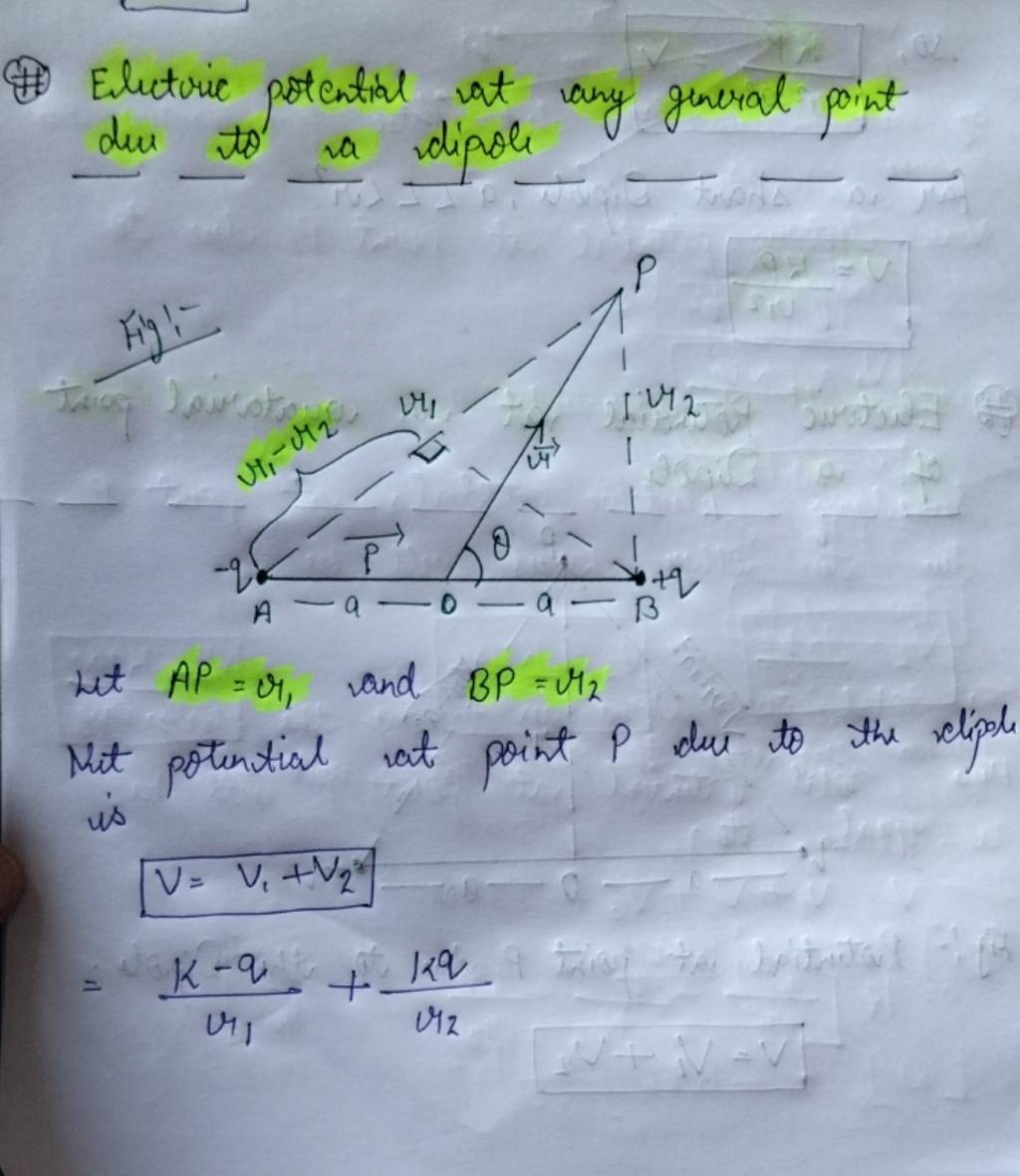(4) Electric potential at any general point due to a dipole − Fig': Let