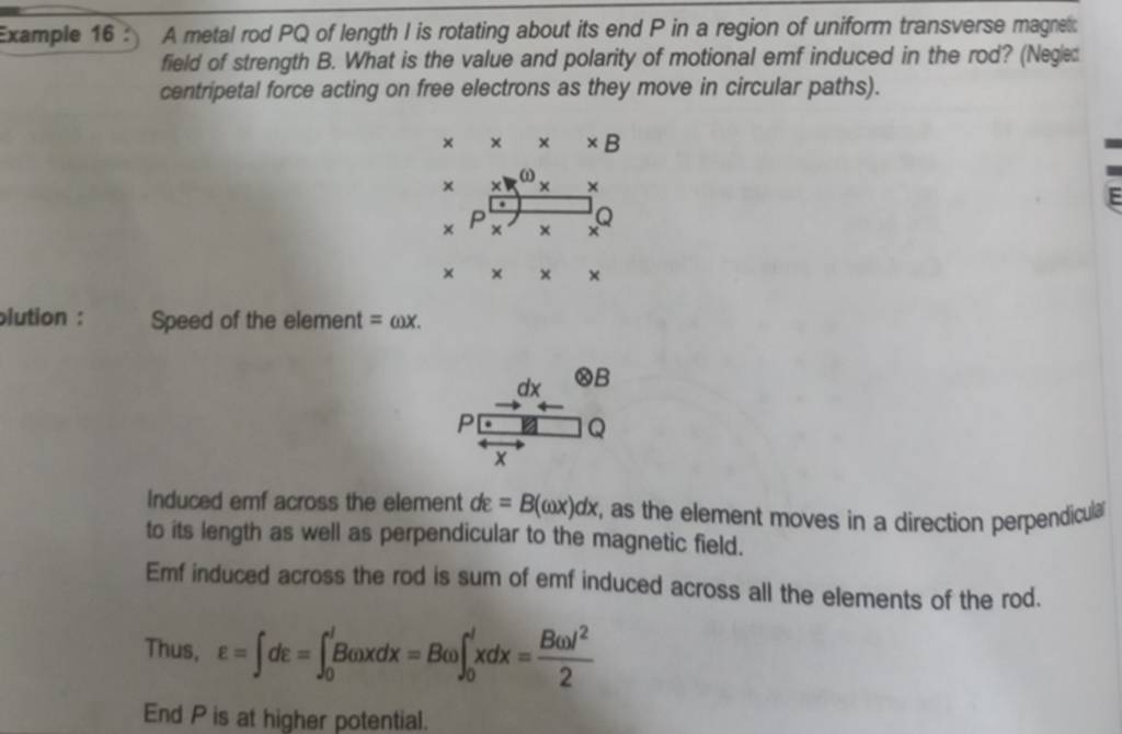 Example 16 ? A metal rod PQ of length I is rotating about its end P in a