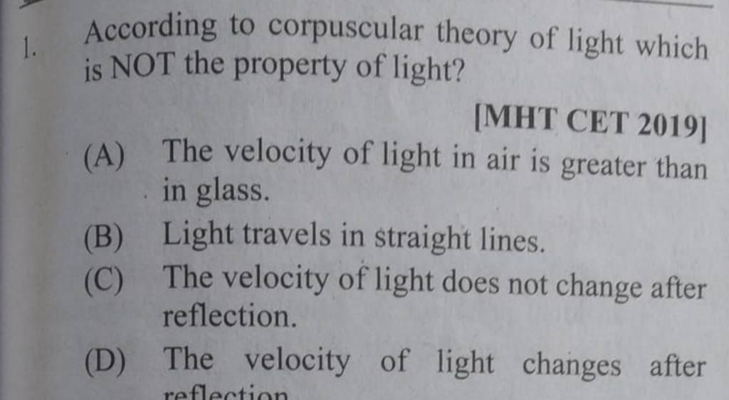 According to corpuscular theory of light which is NOT the property of lig..