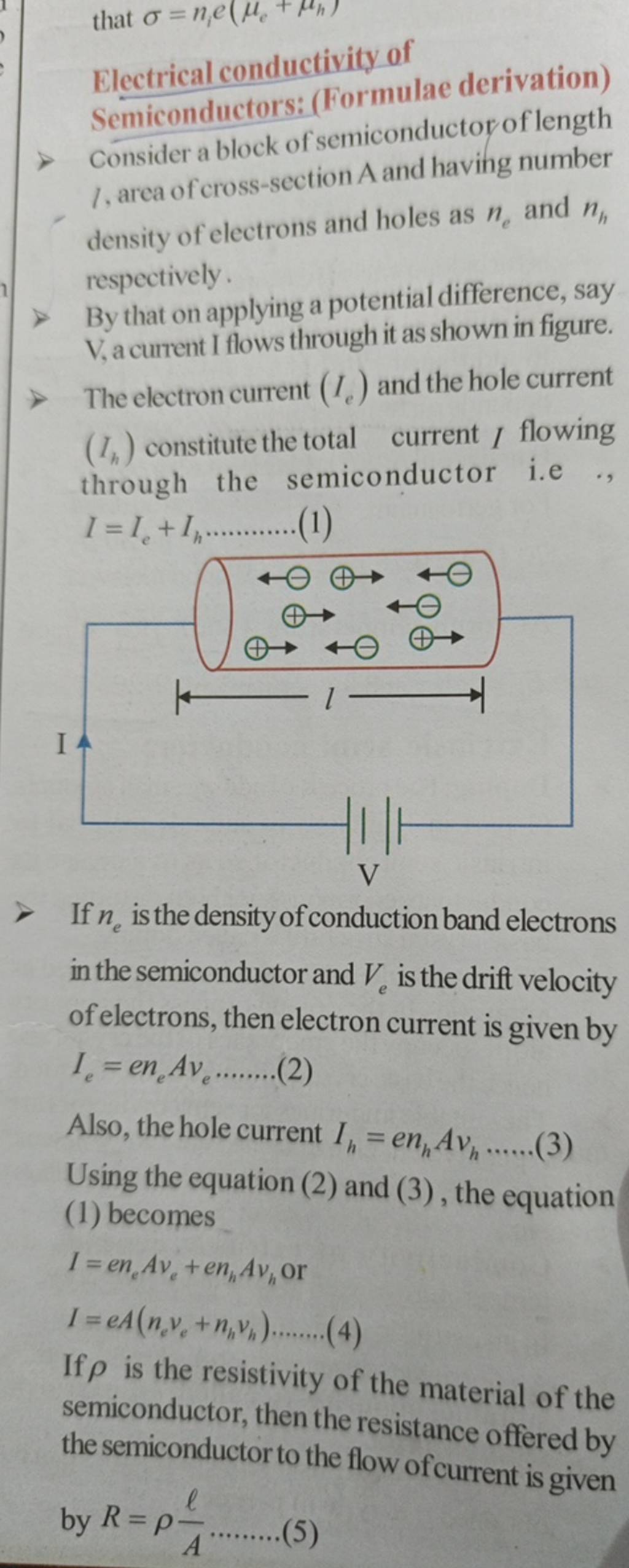 Electrical conductivity of Semiconductors: (Formulae derivation) Consider..