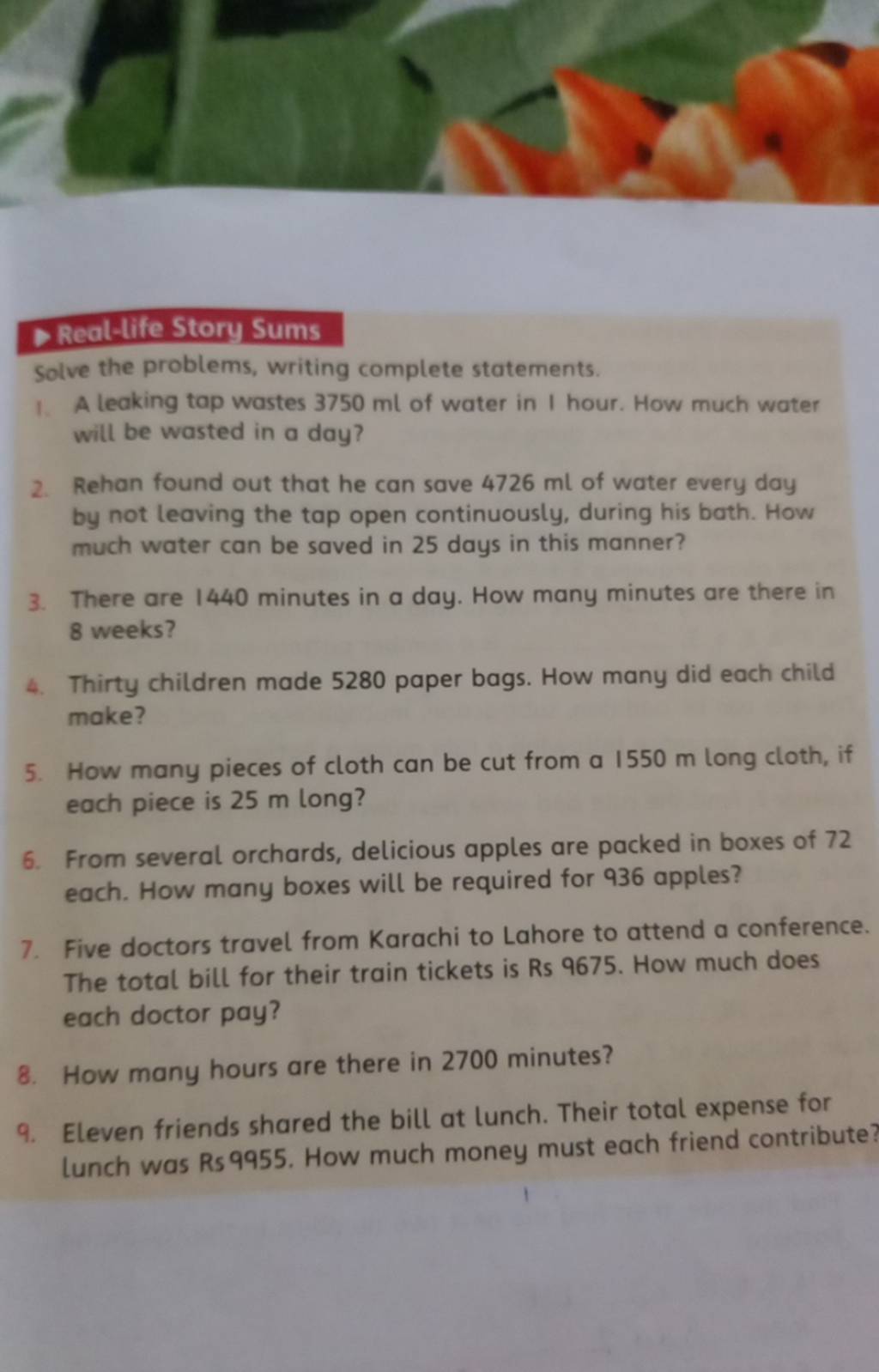 Real-life Story Sums Solve the problems, writing complete statements...