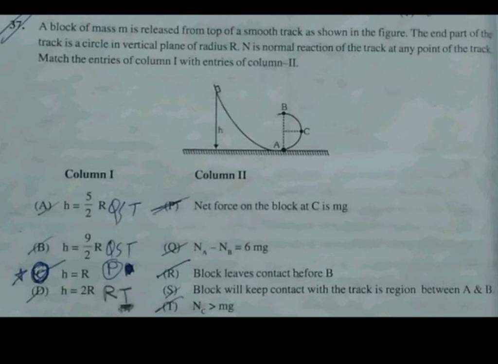37. A block of mass m is released from top of a smooth track as shown in