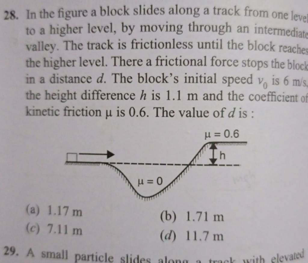 In the figure a block slides along a track from one leve to a higher leve..