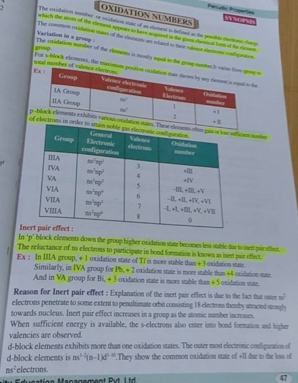 OXIDATION NUMBERS Variation in a group: Inert pair effect : In 'p' block