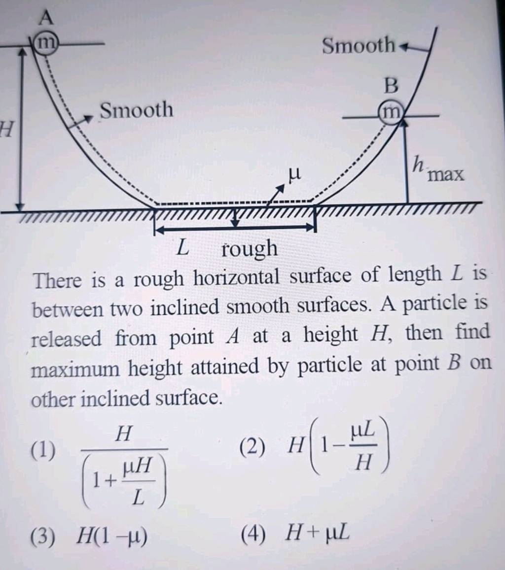 There is a rough horizontal surface of length L is between two inclined s..