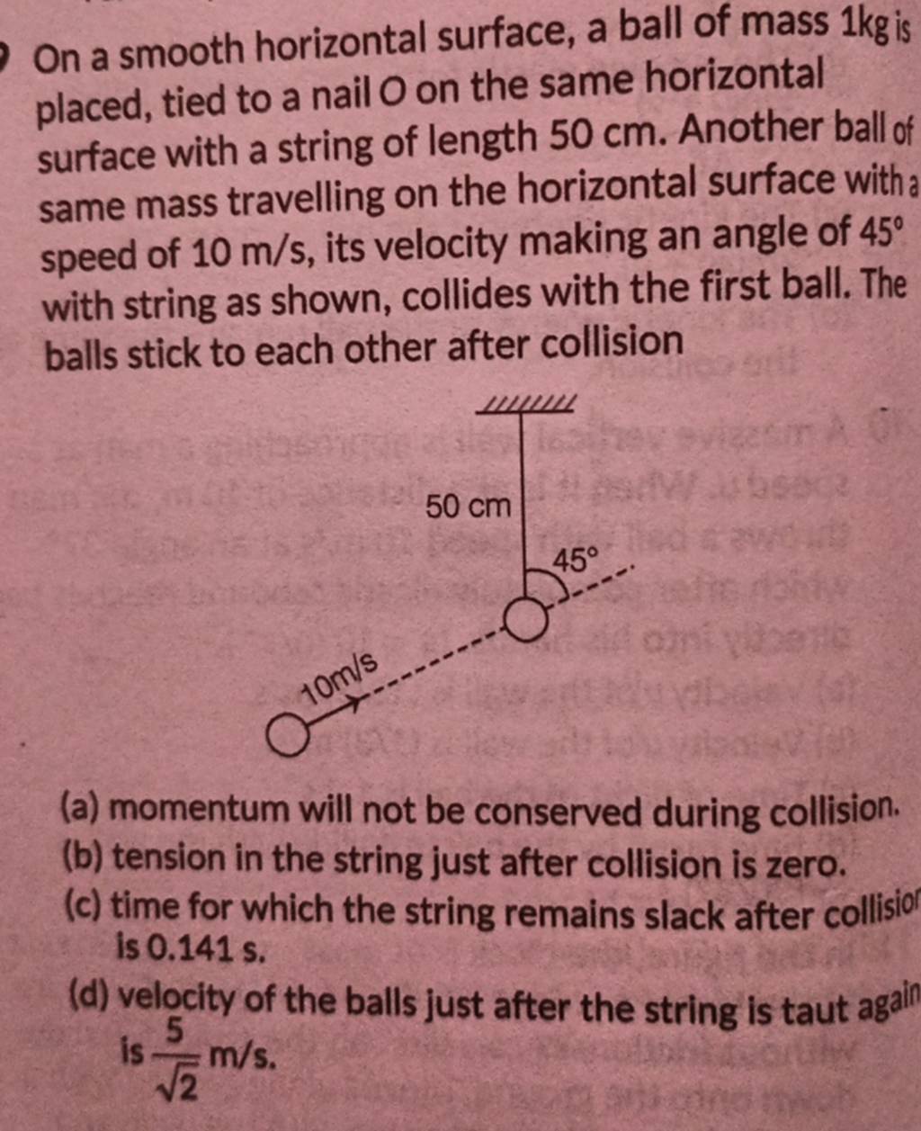 On a smooth horizontal surface, a ball of mass 1 kg is placed, tied to a On a smooth horizontal surface, a ball of mass 1 kg is placed, tied to a