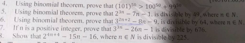 4. Using binomial theorem, prove that (101)50>10050+9950 | Filo