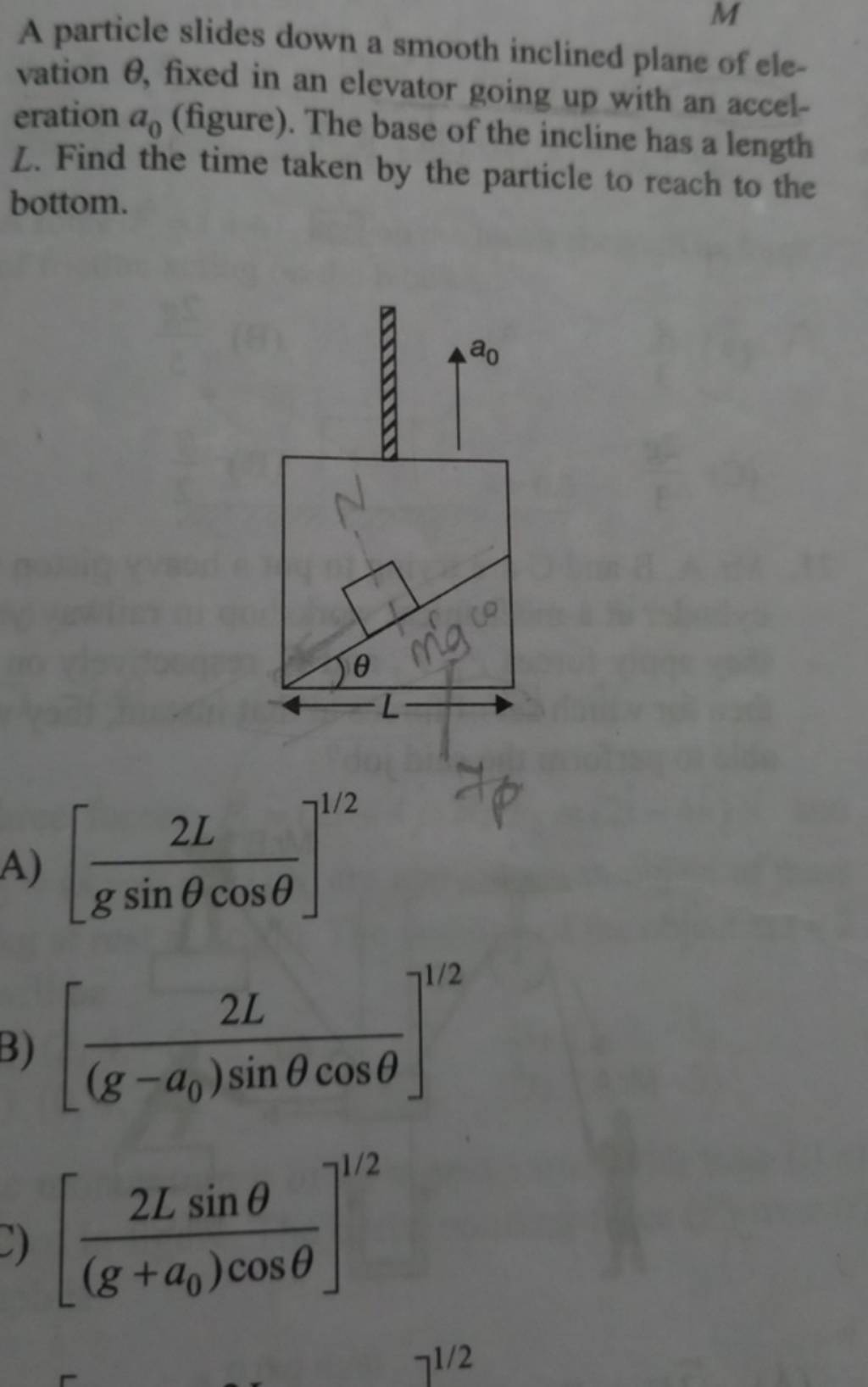 A particle slides down a smooth inclined plane of elevation θ, fixed in a..