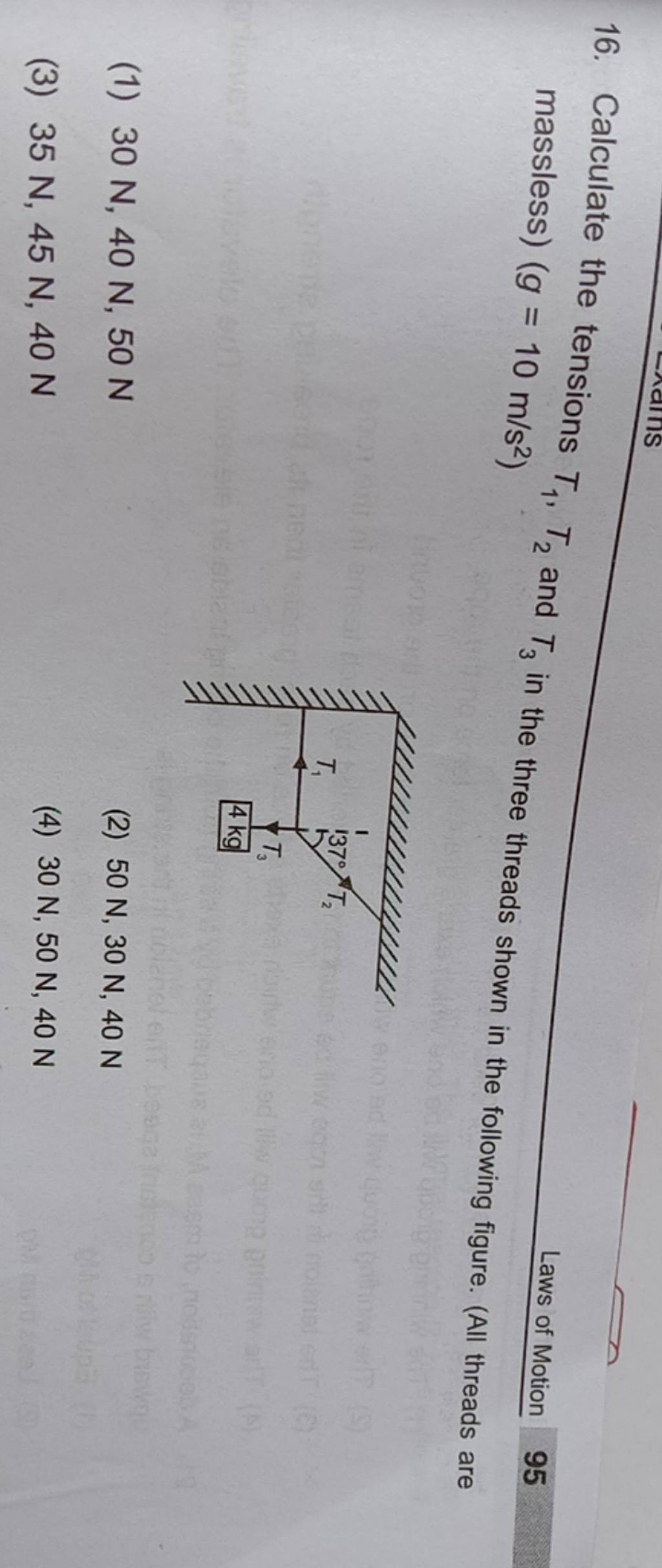 Calculate the tensions T1 ,T2 and T3 in the three thros massless) (g=10.. Calculate the tensions T1 ,T2 and T3 in the three thros massless) (g=10..