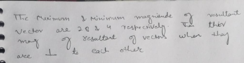 The Maximum \& Minimum magnitude of resultant vector are 28 \& 4 respecti..