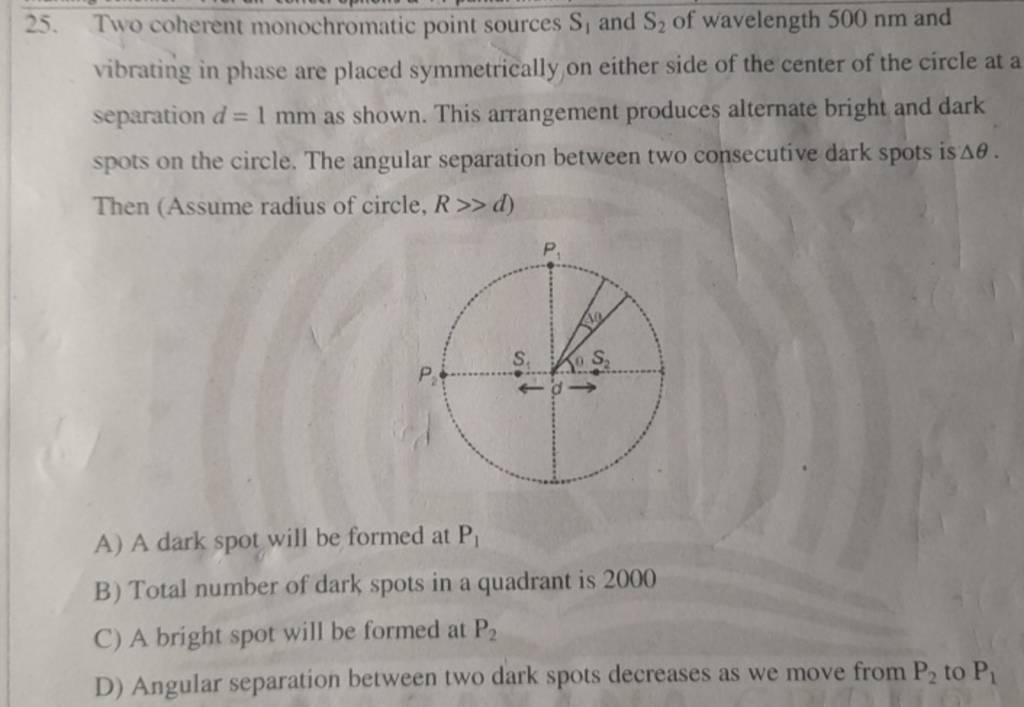 Two coherent monochromatic point sources S1 and S2 of wavelength 500 nm.. Two coherent monochromatic point sources S1 and S2 of wavelength 500 nm..