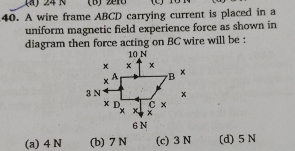 A wire frame ABCD carrying current is placed in a uniform magnetic field