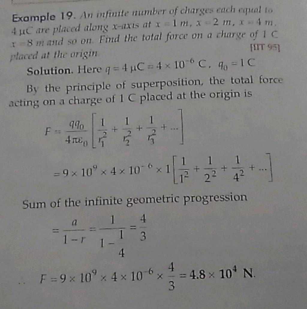 Example 19. An infinite number of charges each equal to 4μC are placed al..