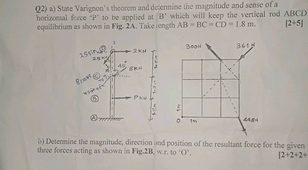 Q2) a) State Varignon's theorem and determine the magnitude and sense of