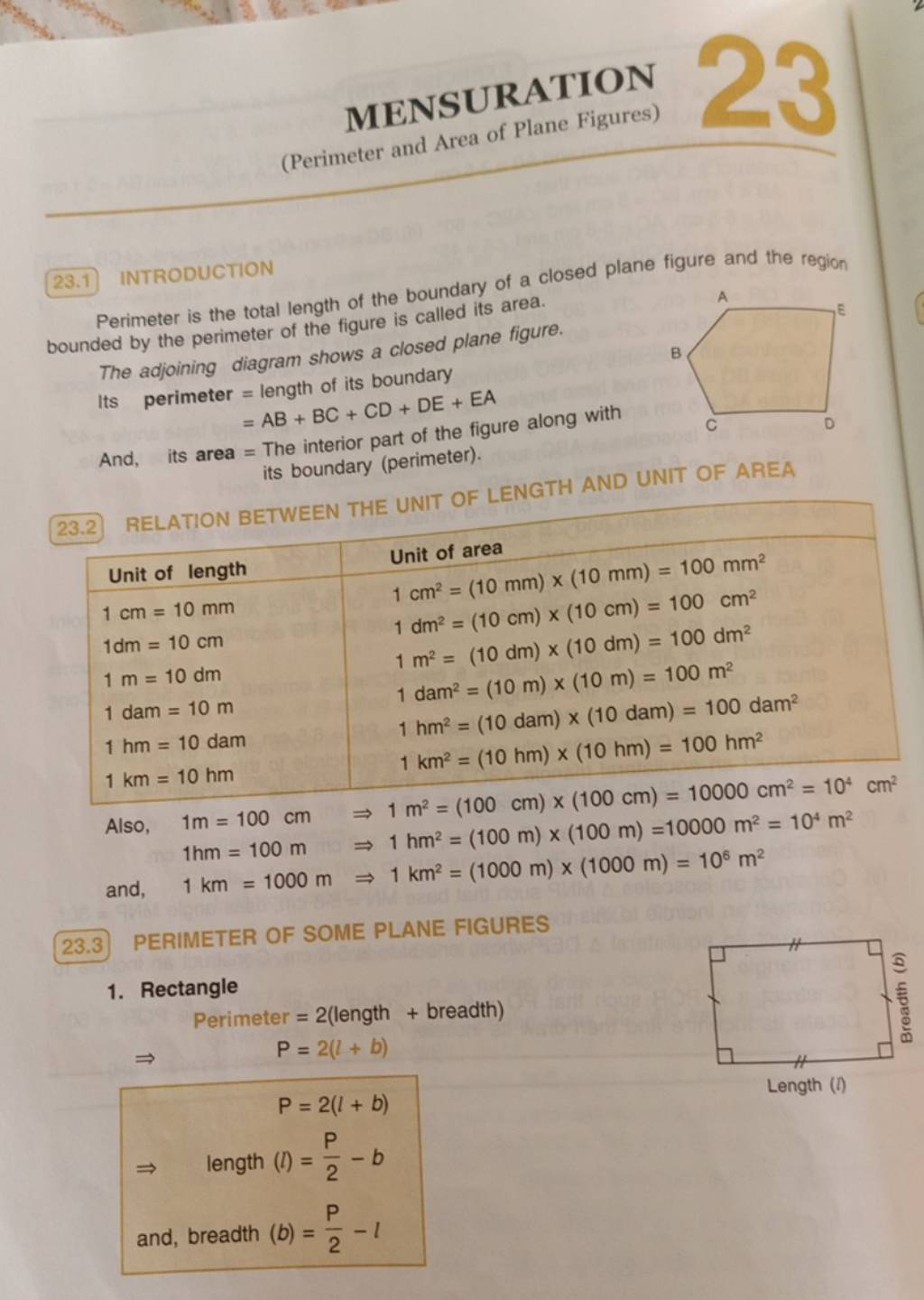MENSURATION (Perimeter and Area of Plane Figures) 23.1 INTRODUCTION Perim..
