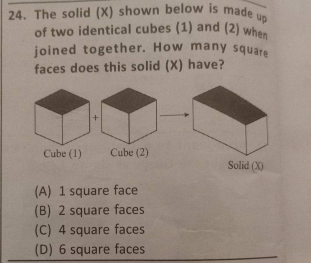 The solid (X) shown below is made up of two identical cubes (1) and (2) w..