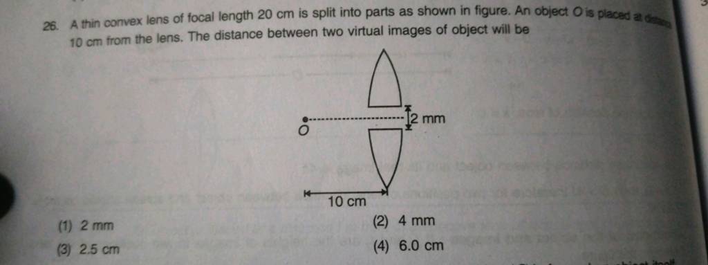A thin convex lens of focal length 20 cm is split into parts as shown in