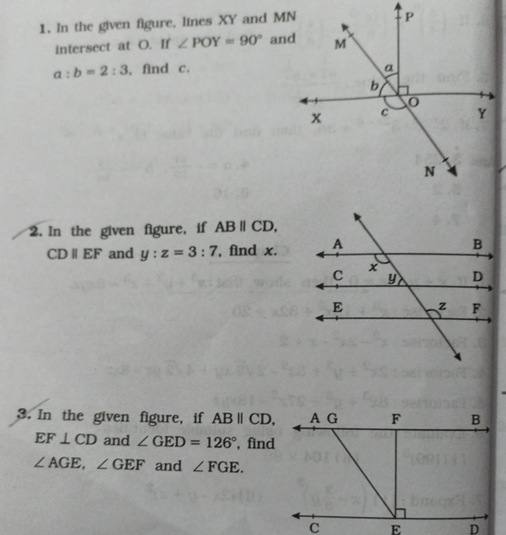1. In the given figure, lines XY and MN intersect at O. If ∠POY=90∘ and a..
