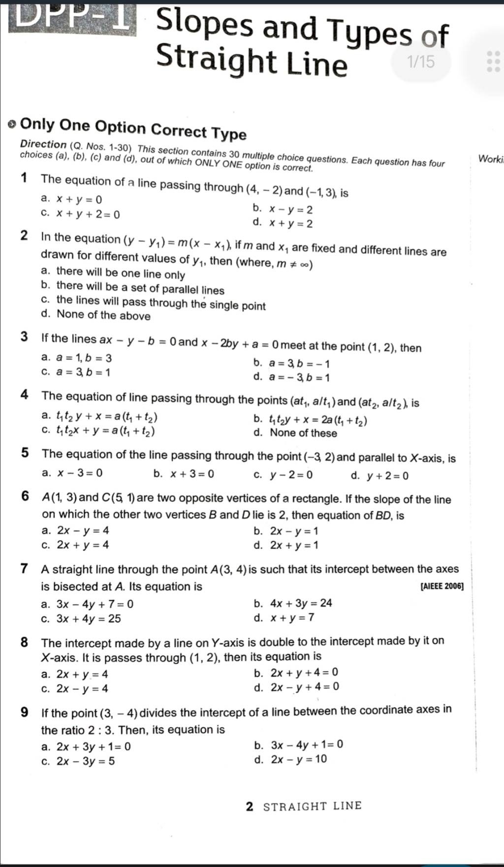 Slopes and Types of Straight Line - Only One Option Correct Type Directio..
