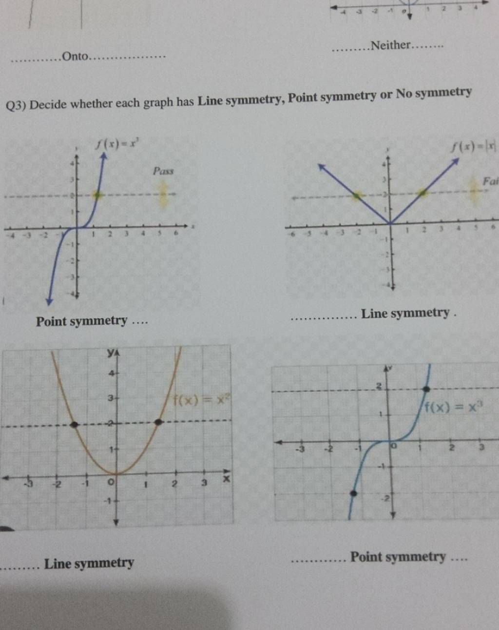 Onto Neither. Q3) Decide whether each graph has Line symmetry, Point symm..