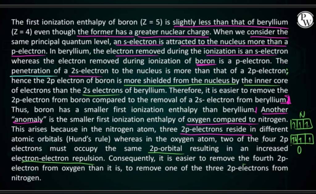 The first ionization enthalpy of boron (Z=5) is slightly less than that o.. The first ionization enthalpy of boron (Z=5) is slightly less than that o..