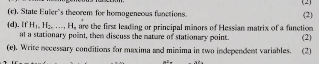 (c). State Euler's theorem for homogeneous functions. (2) (d). If H1 ,H2 (c). State Euler's theorem for homogeneous functions. (2) (d). If H1 ,H2