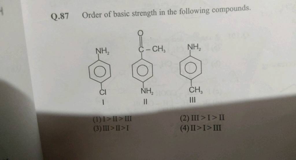 Q.87 Order of basic strength in the following compounds. Nc1ccc(Cl)cc1 CC..