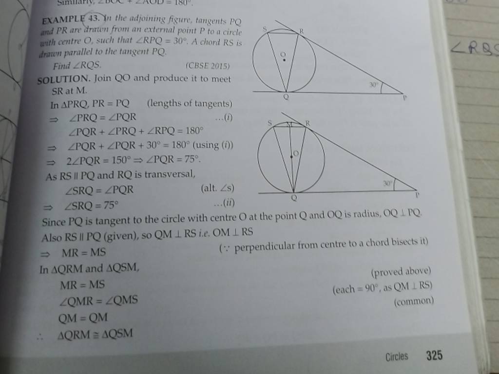 EXAMPLE 43. In the adjoining figure, tangents PQ and PR are draten from a..