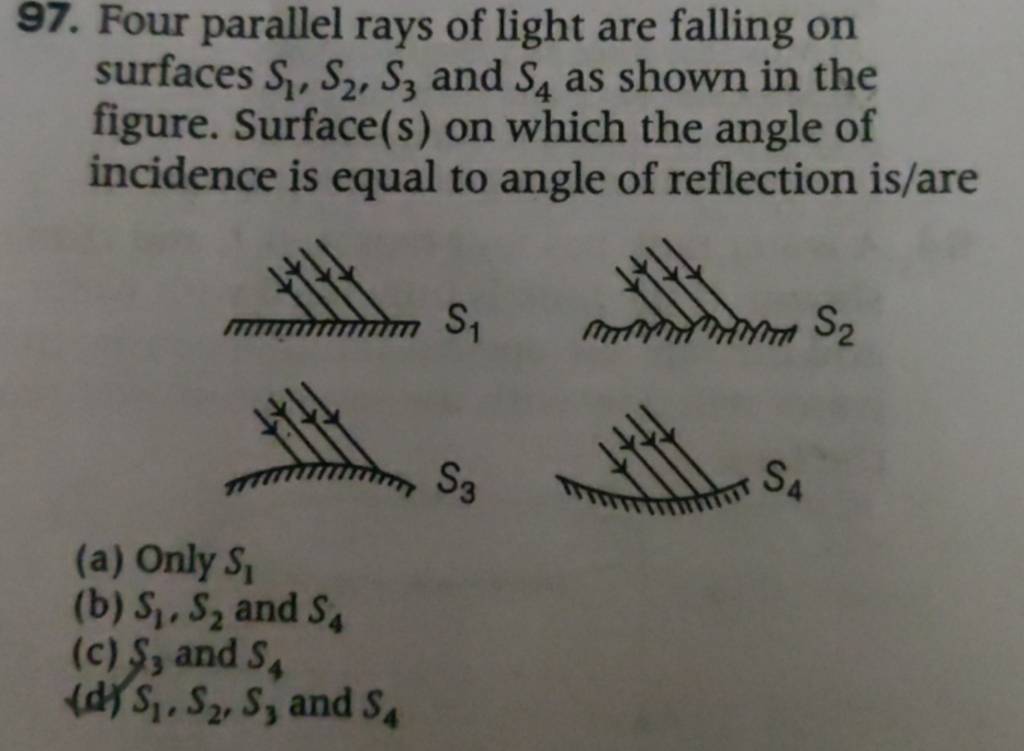 Four parallel rays of light are falling on surfaces S1 ,S2 ,S3 and S4 a..