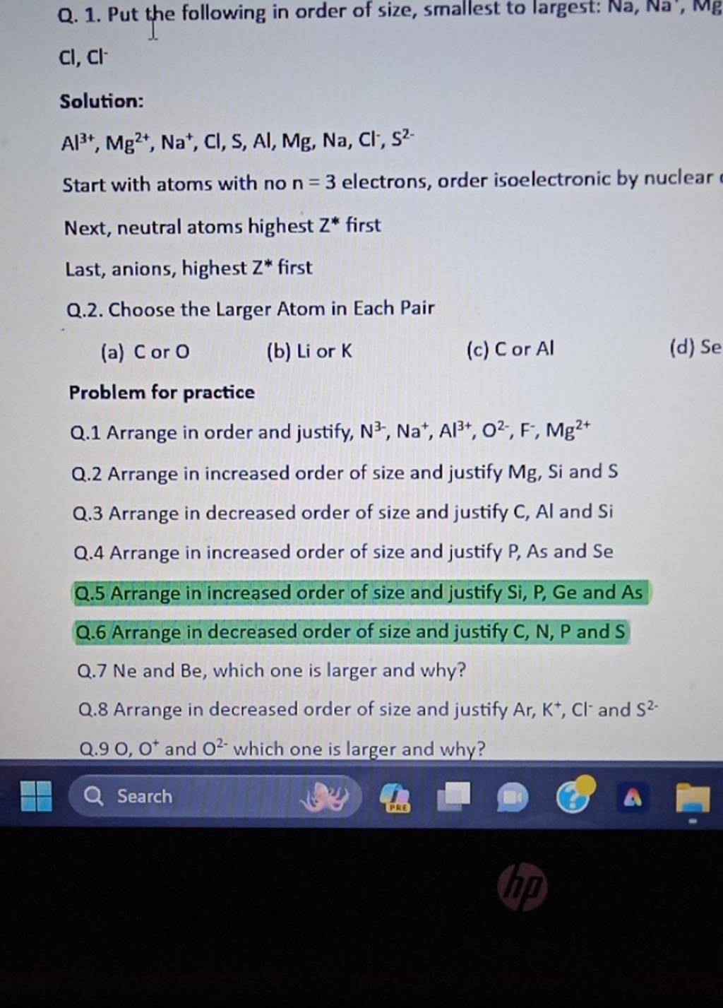 1. Put the following in order of size, smallest to largest: Na,Na,Mg Cl,C..