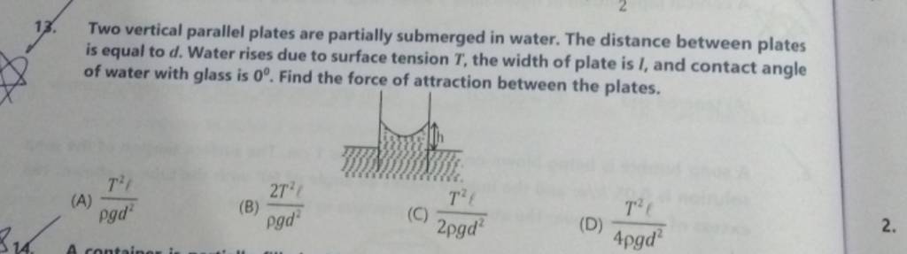 Two vertical parallel plates are partially submerged in water. The distan..