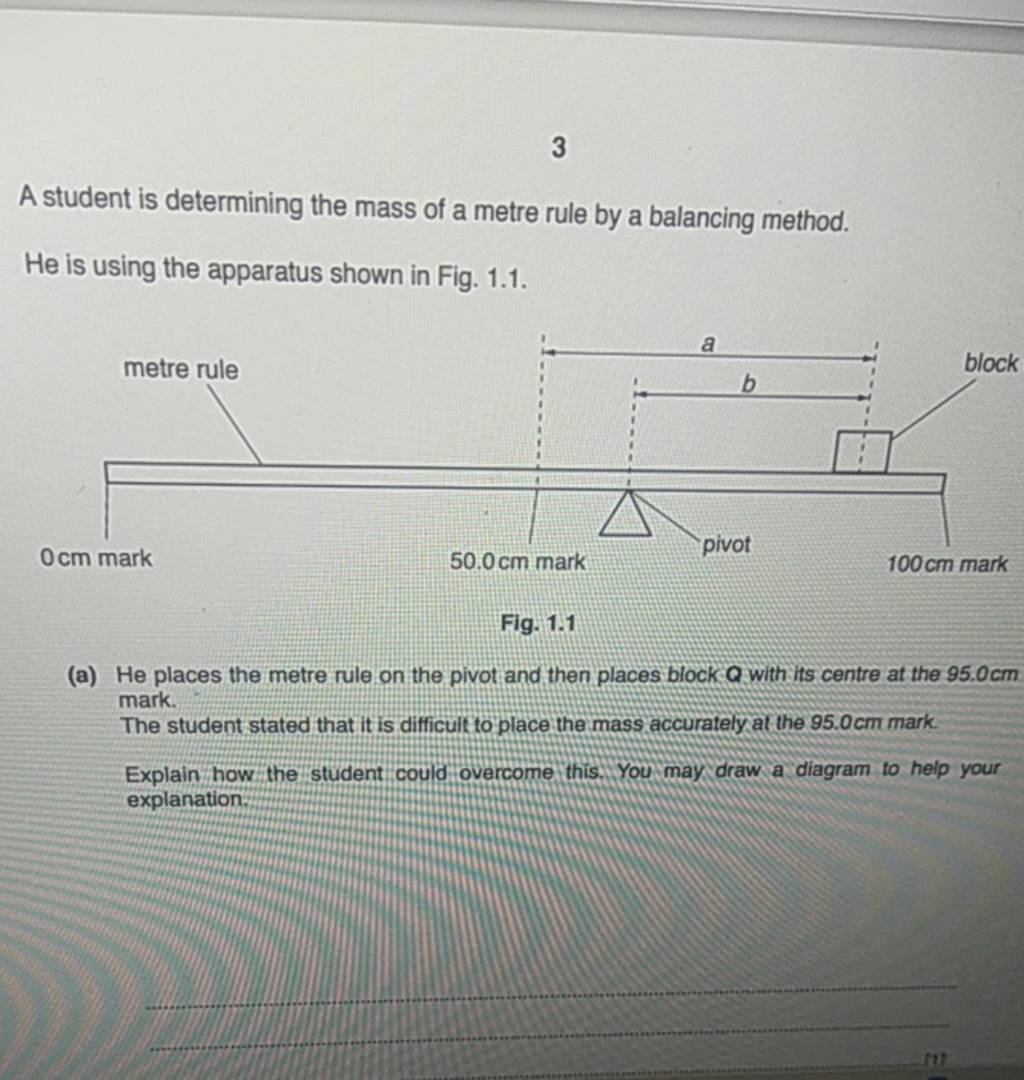 3 A student is determining the mass of a metre rule by a balancing method..