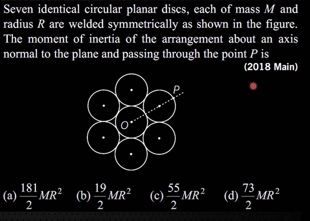 Seven identical circular planar discs, each of mass M and radius R are we..