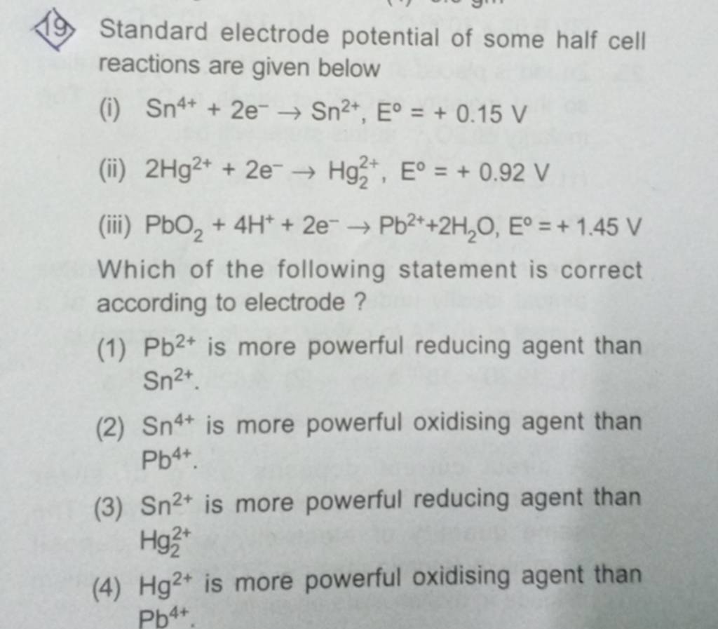 Standard electrode potential of some half cell reactions are given below
