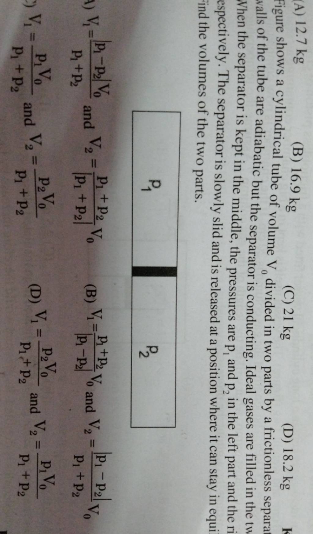 Figure shows a cylindrical tube of volume V0 divided in two parts by a f..