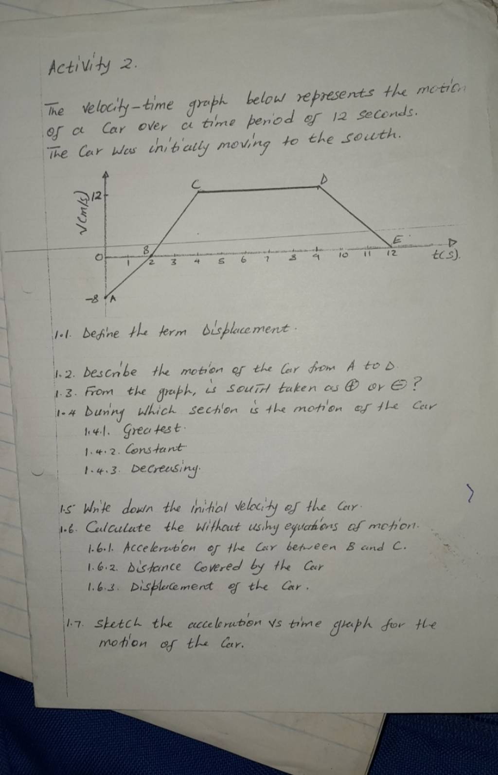 Activity 2. The velocity-time graph below represents the motion of a car