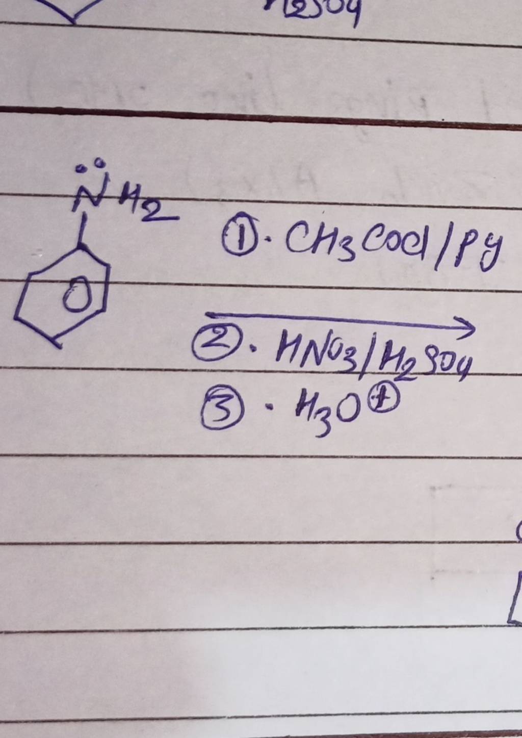Nc1ccccc1 (1). CH3 Cod/Py (2). HNO3 /H2 SO4 (3). H3 O()( | Filo