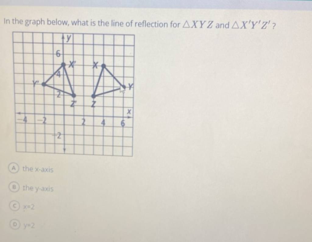 In the graph below, what is the line of reflection for XYZ and X′Y′Z′