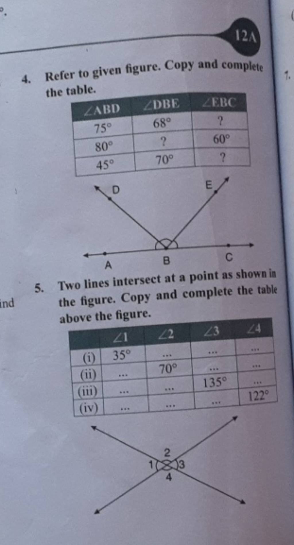 4. Refer to given figure. Copy and complete the table. ∠ABD∠DBE∠EBC75∘68∘..