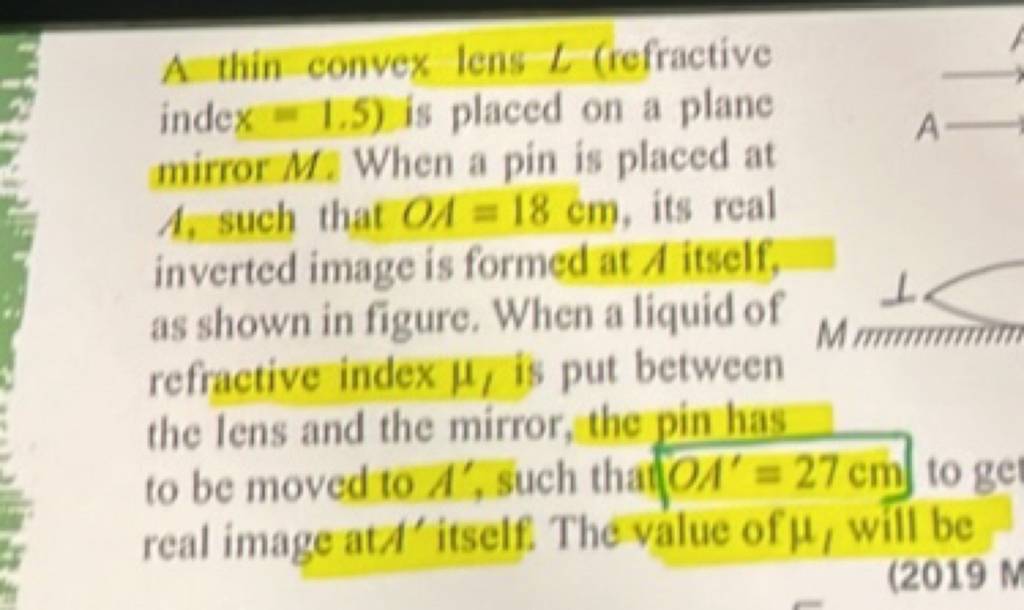 A thin convex lens L (refractive index =1.5 ) is placed on a plane mirror..