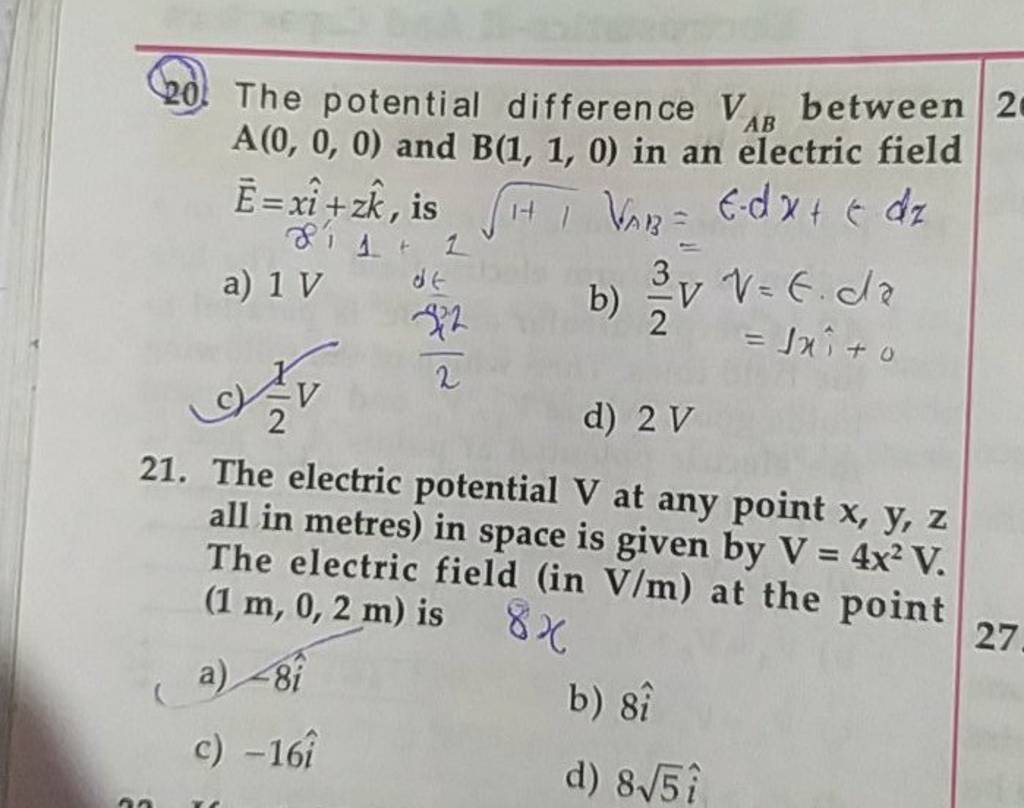 The electric potential V at any point x,y,z all in metres) in space is gi..