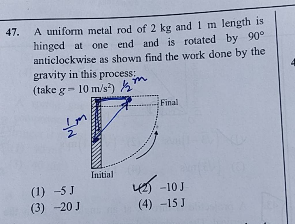 A uniform metal rod of 2 kg and 1 m length is hinged at one end and is ro..